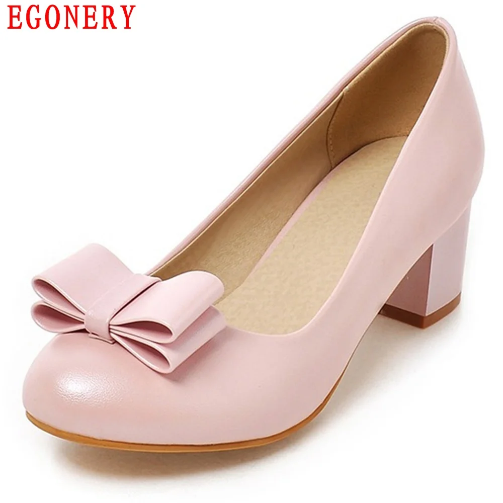 EGONERY Round Toe Sweet Bowtie Faux Leather Low Heel Slip On Spring Air ...