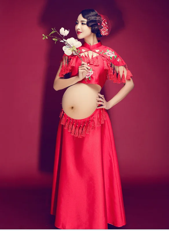Fashion Chinese Style Big Red Maternity Dresses For Photo Shoot Clothes ...