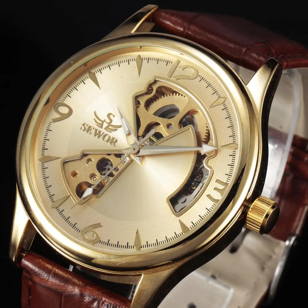2016 Brand SEWOR Luxury Sport Men Clock Gold Skeleton Mechanical ...