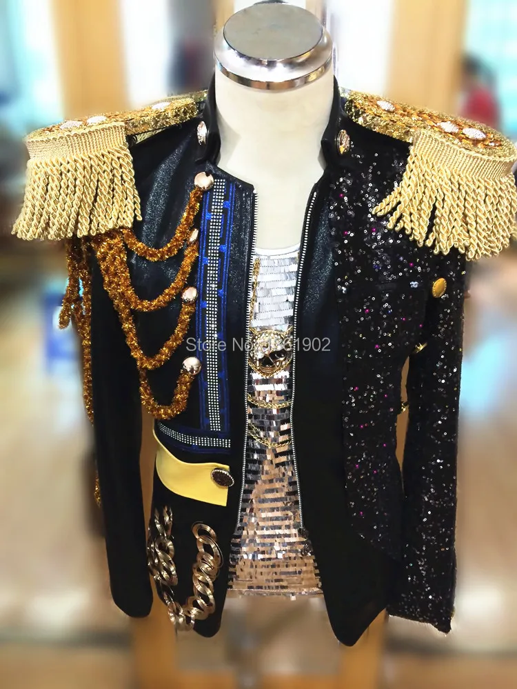 Tassel Epaulet Black Gold Plus Size Men Ds Dj Singer Dancer Coat Show Slim Jacket Performance