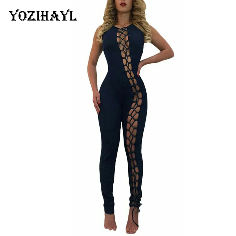 Yozihayl New Women Sexy Bodycon Bandage Jumpsuit Sleeveless Hollow Out
