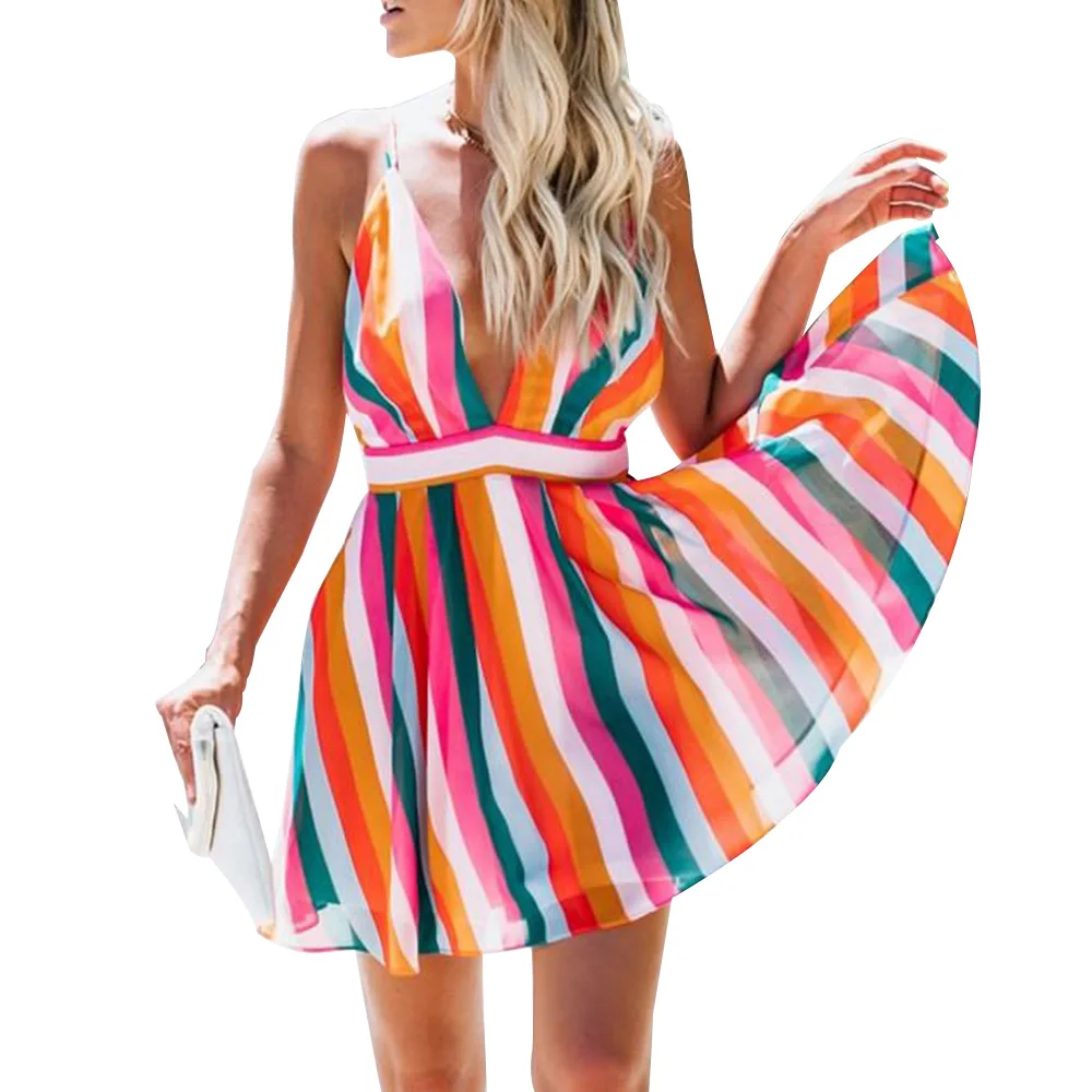 2018 New Arrivals Colorful Striped Mini Summer Sleeveless V Neck