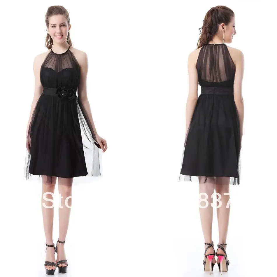 Black Halter See Through A Line Knee length Simple Elegant Young Girls ...