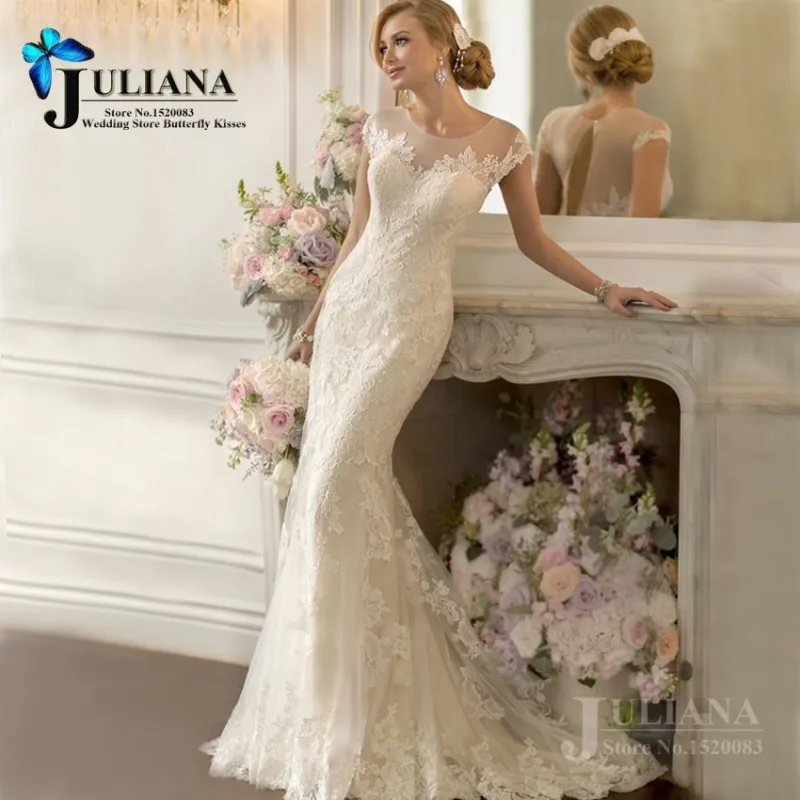 2015 Lace Mermaid Wedding Dresses White Ivory Scoop Vestido De Noiva ...