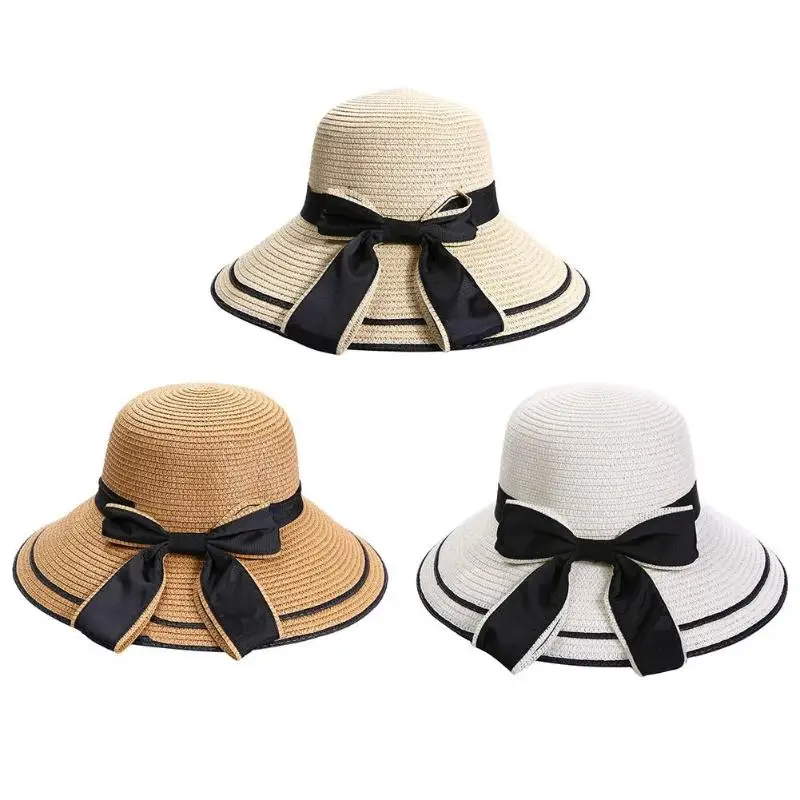 Summer Straw Women Big Wide Brim Beach Sun Hats Bowknot Foldable Panama