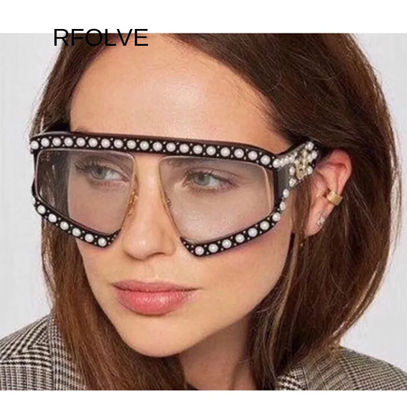 RFOLVE Oversized Pearl Glasses Frame Women Black White Rivets Eyewear ...