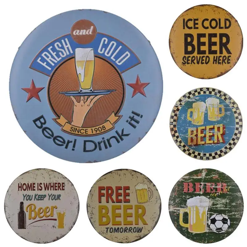 Round Beer Metal Sign Vintage Wall Art Painting Tin Signs Metal Plaque ...