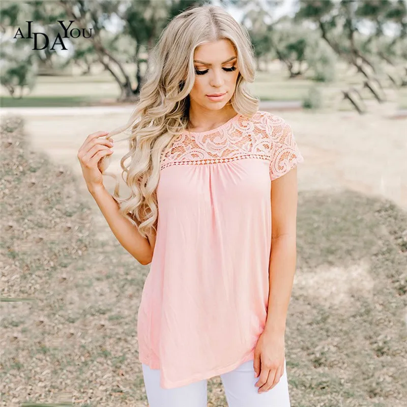 Camiseta de verano AIDAYOU para mujer, camisetas de encaje azul y rosa ...