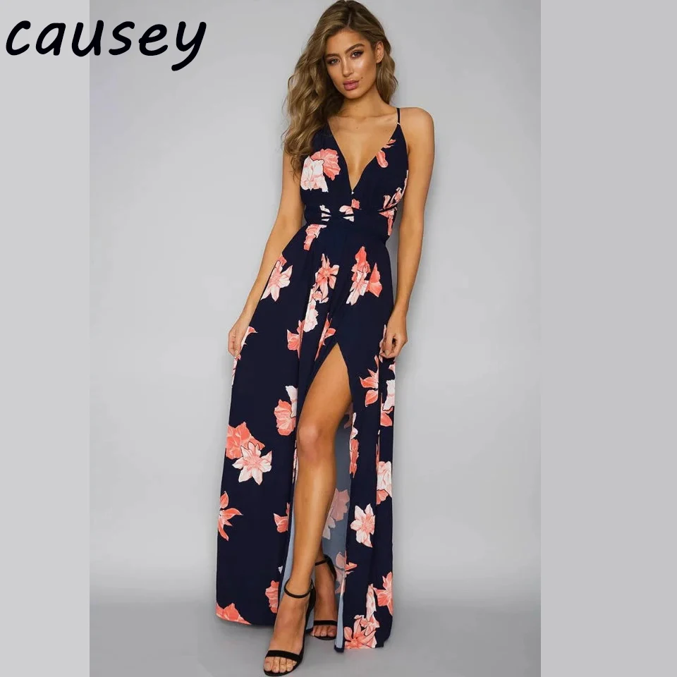 2018 Women Floral Printed Maxi Dress Summer Side Split Sundress Sexy
