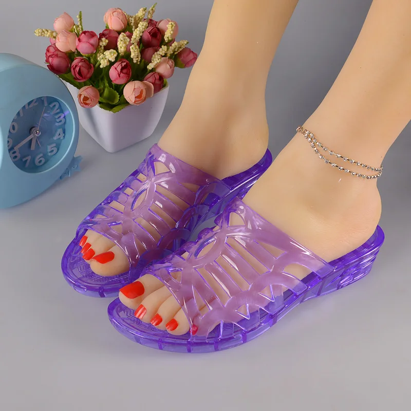 Summer simple hollow plastic slippers female wedges indoor thick bottom ...