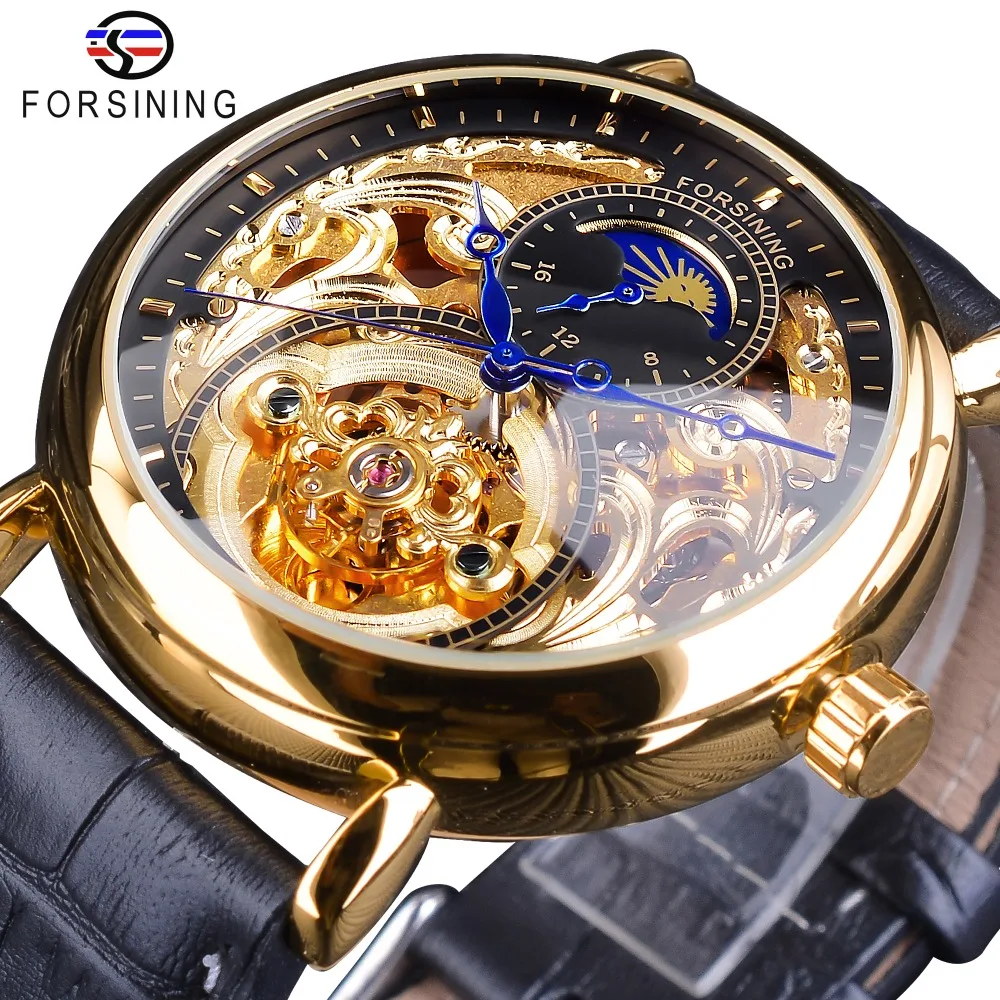 Forsining 2018 Luxury Skeleton Clock Male Moon Phase Fashion Blue Hands ...