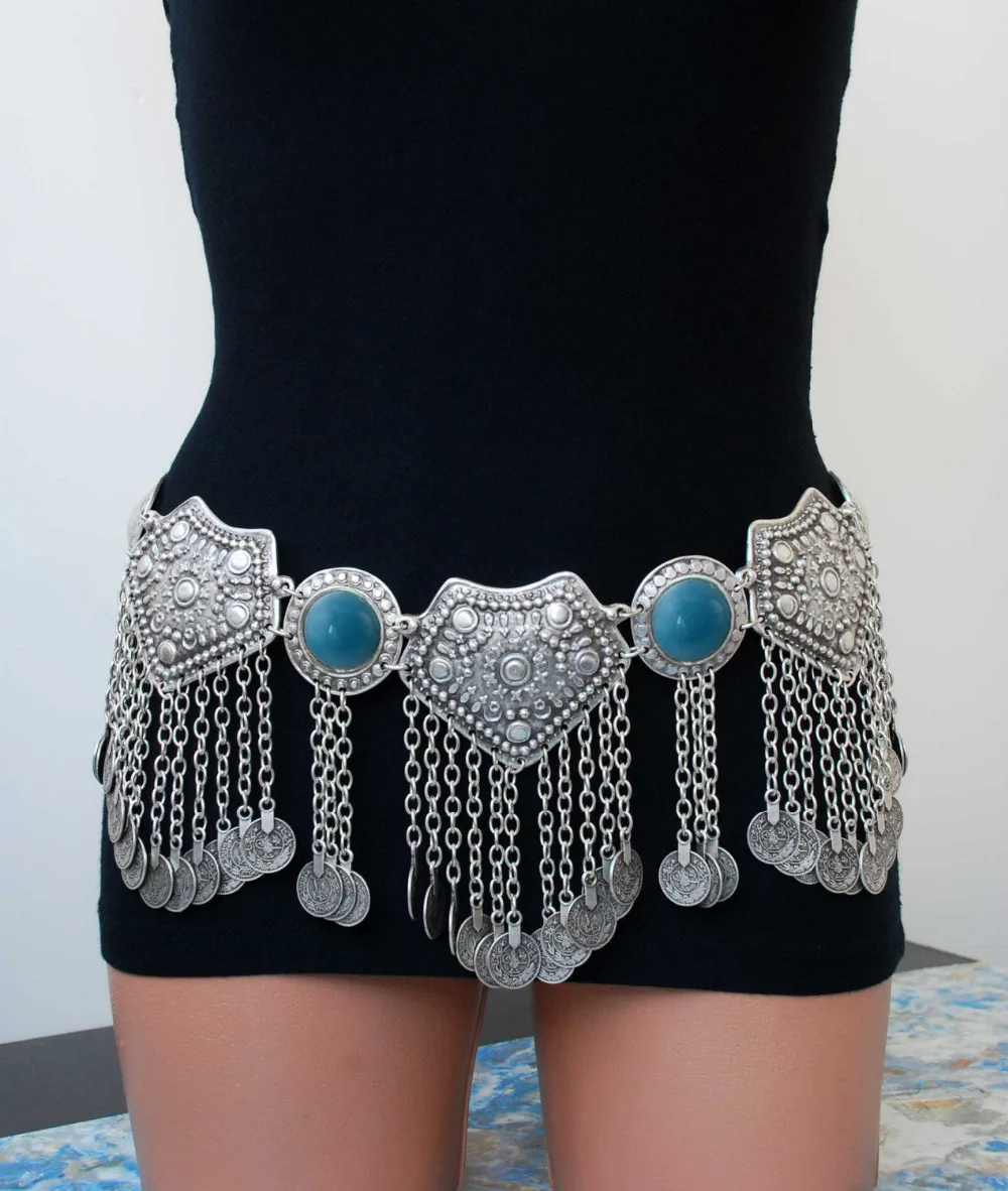 Gypsy Turkish Vintage Silver Coins Long Tassel Dance Belly Waist Body