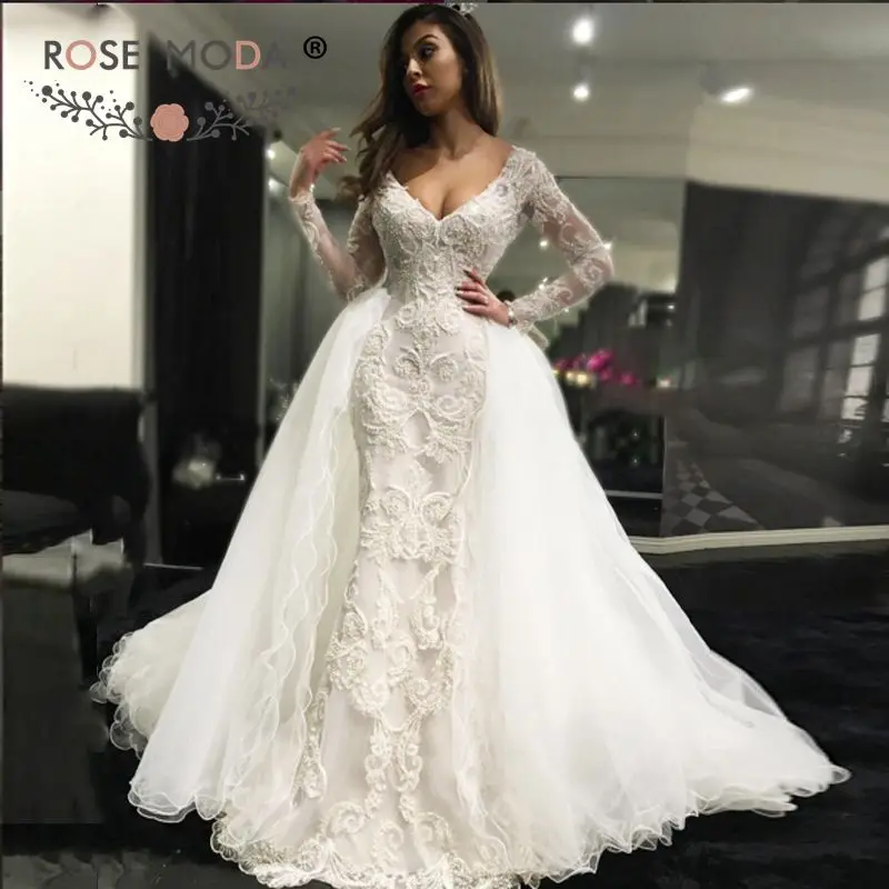 Gorgeous Plunging V Neck Long Sleeves Lace Sheath Wedding Dress With