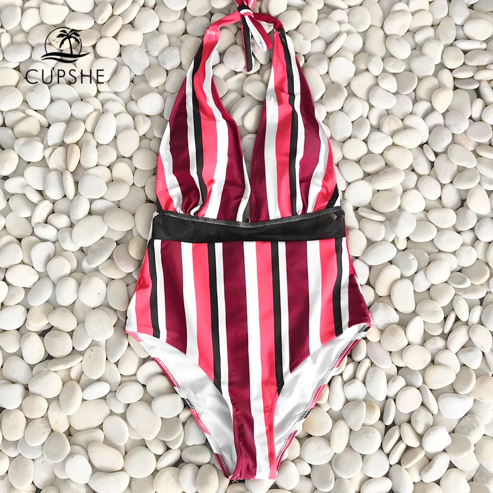 CUPSHE Striped Mesh One piece Swimsuit Women Deep V neck Backless ...