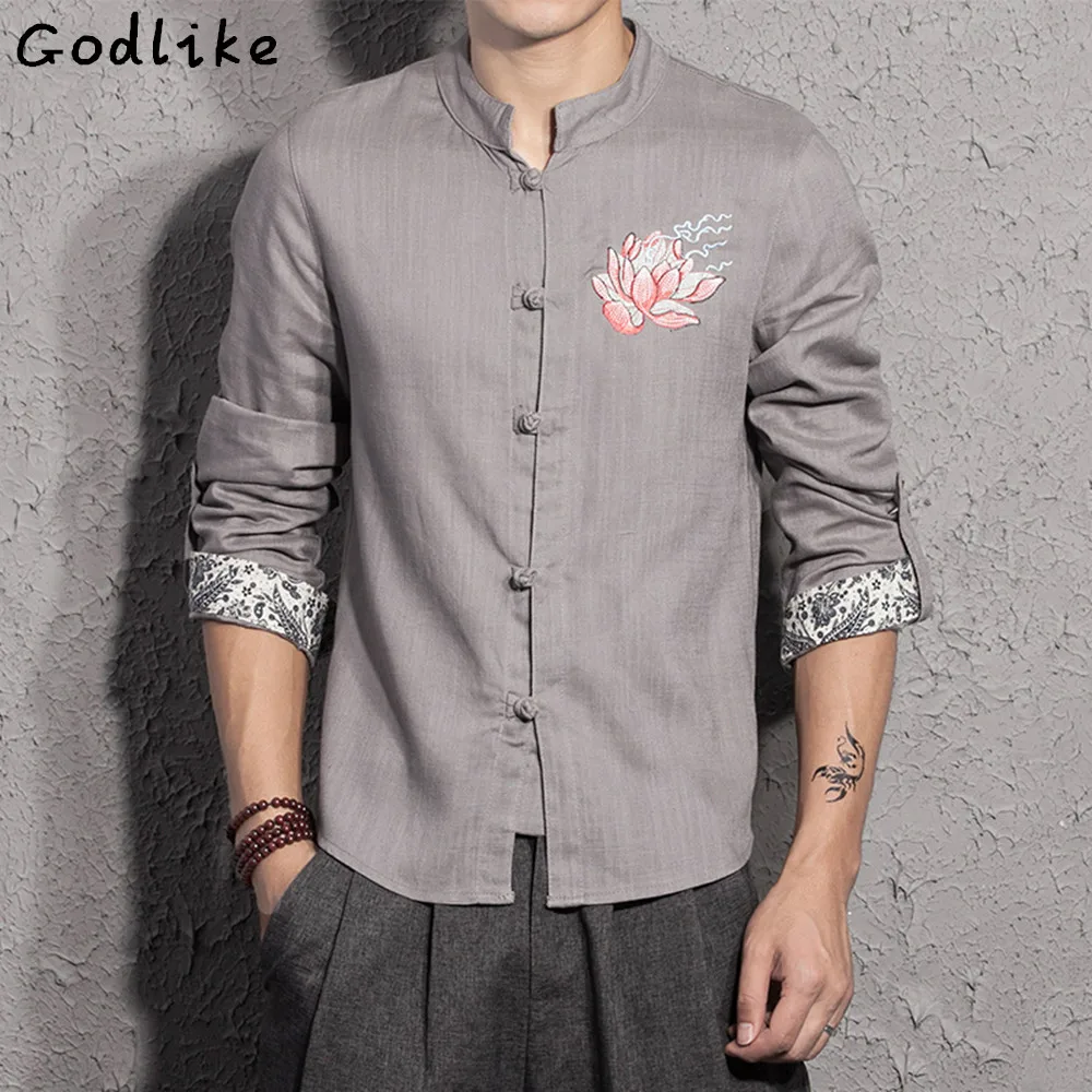 GODLIKE Classic Chinese Kung Fu Men Shirts Linen Cotton Long Sleeve ...