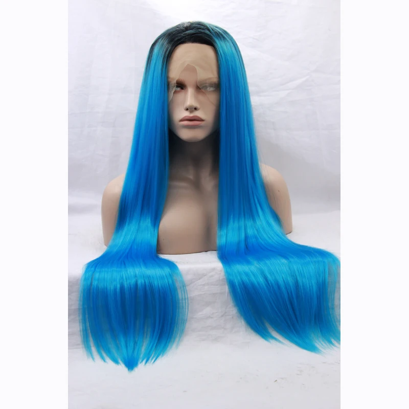 Long Straight Beautiful Synthetic Ombre Blue Wigs For Black Women High ...