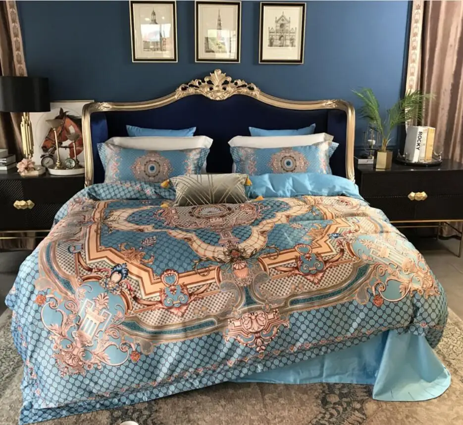 Luxury Egypt Cotton Royal Bedding Set King Queen Size 4pcs Blue Boho