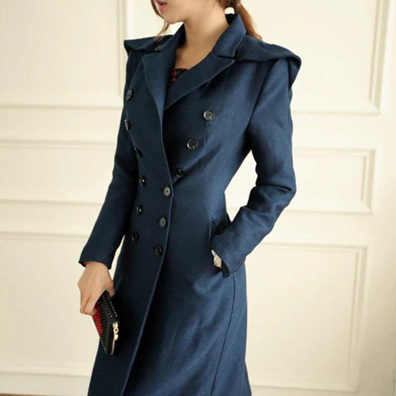 Autumn winter Polyester Wool coat women blue black Korean long sleeve ...
