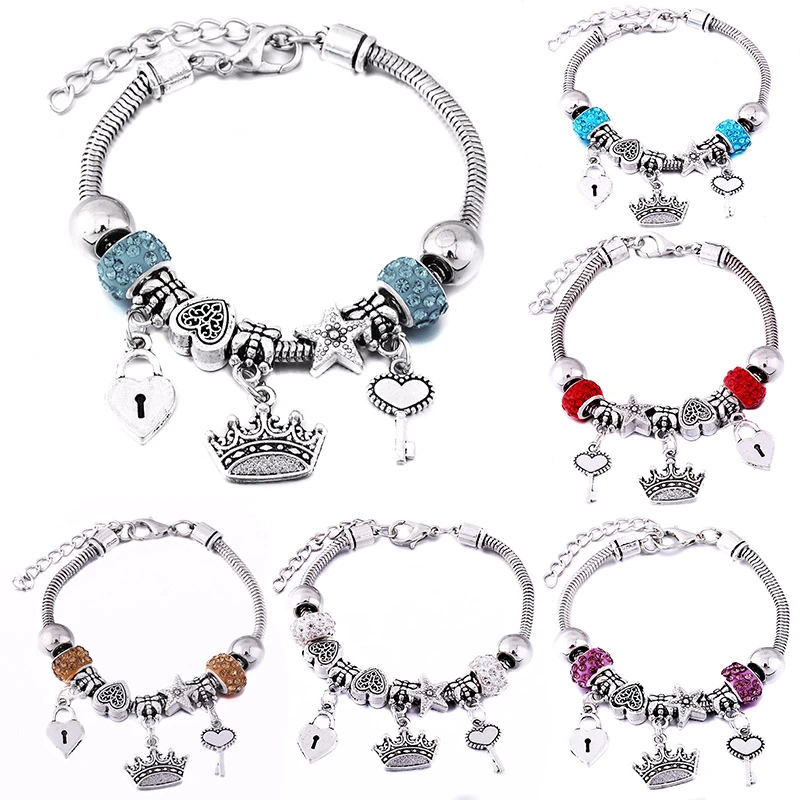 Crown Charm Bangle Jewelry Lobster Buckle Snake Chain Beaded Bangles ...