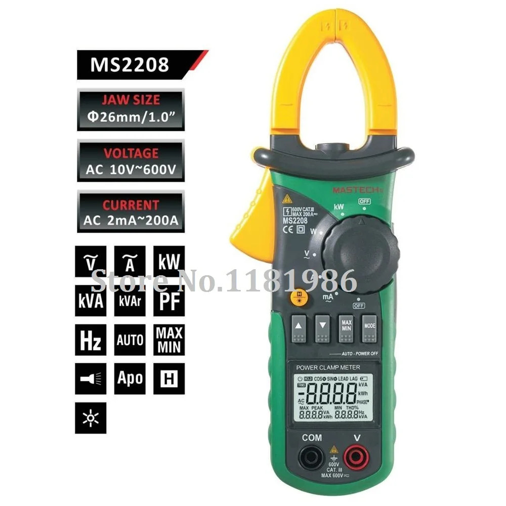 MASTECH-MS2208-Harmonic-Power-Clamp-Meter-Wattmeter-TRMS-Kva-Kvar-Pf-AC ...