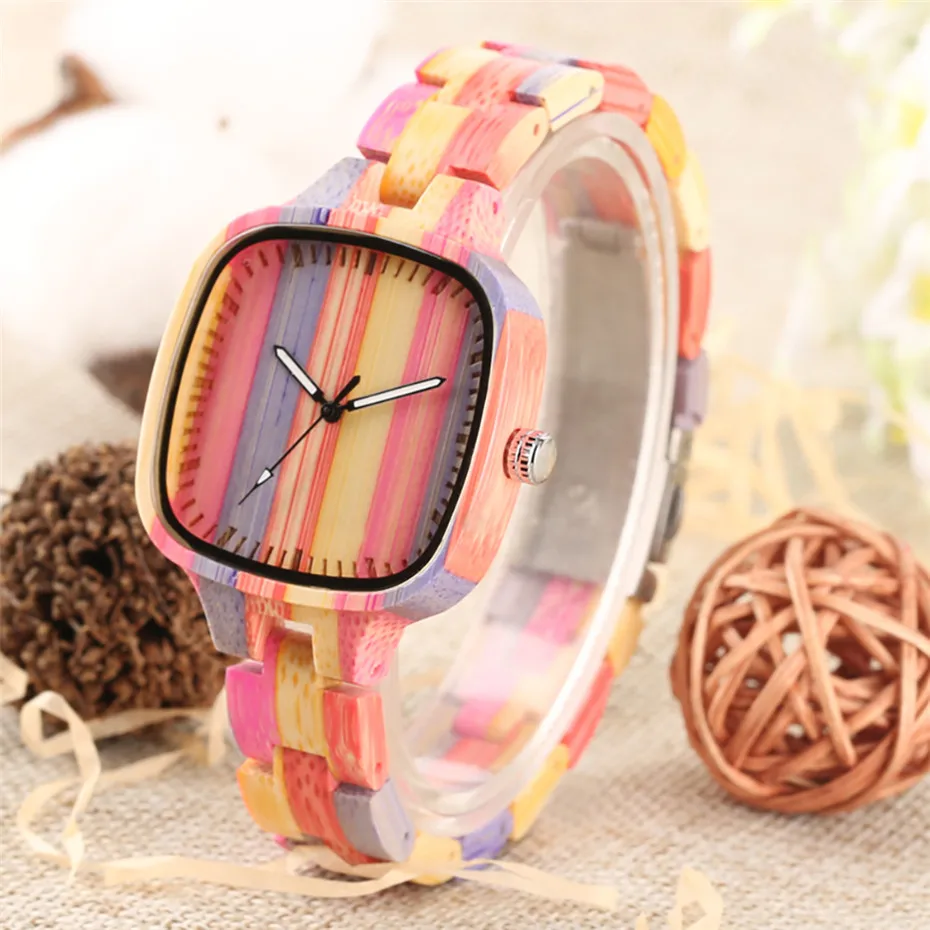 Square Rainbow Color Wood Watch Women Watches Unique Analog Display ...