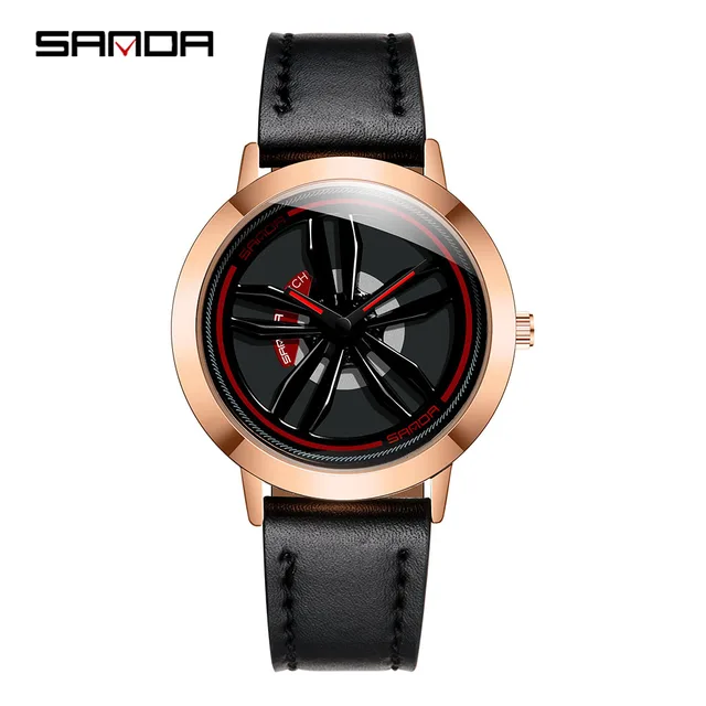 Sanda Rotating Car Wheel Dial Sports Watch Men Stainless Steel Case Leather Band Watch Quartz ...