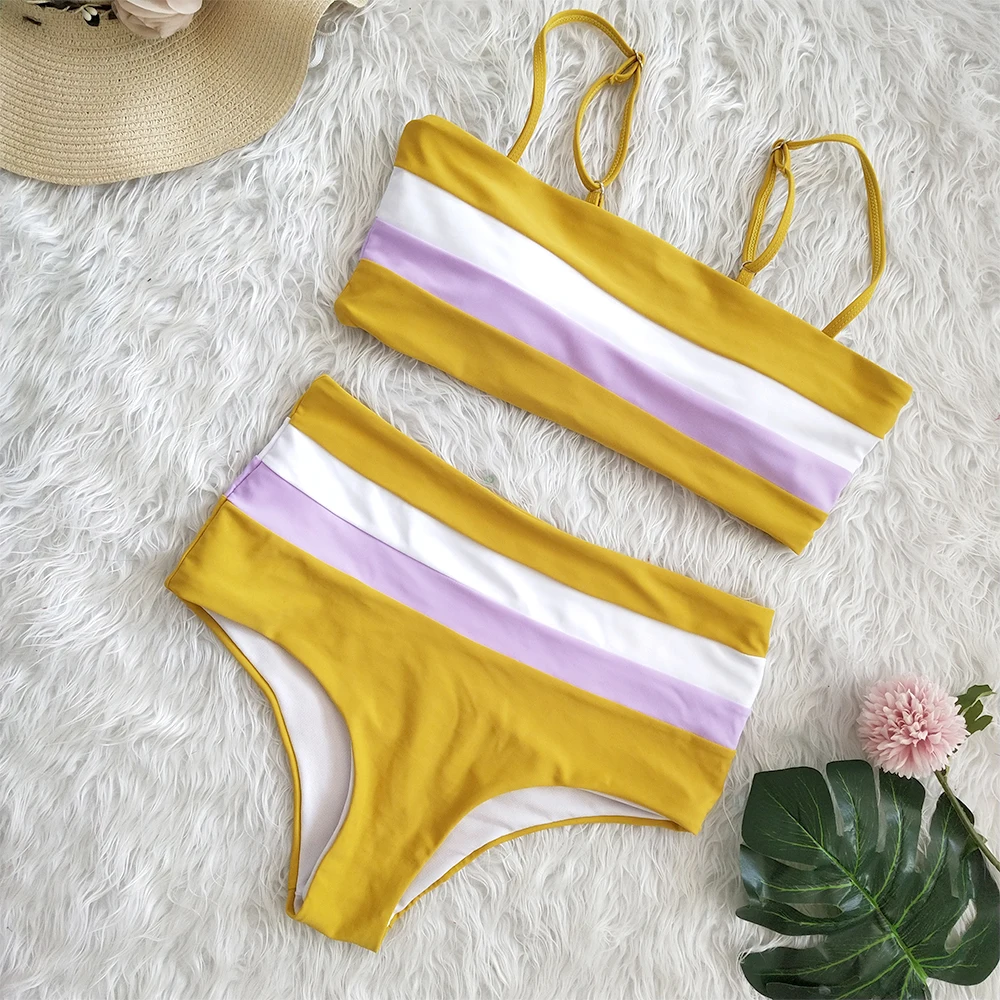 Free Shipping Sexy Retro Bandeau High Waist Striped Bikini Set Jkp3157