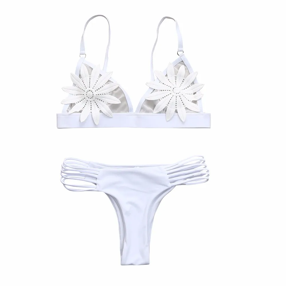 2019 Sexy bikinis White Mesh Embroidered Flower Strappy Biquini Bathing ...