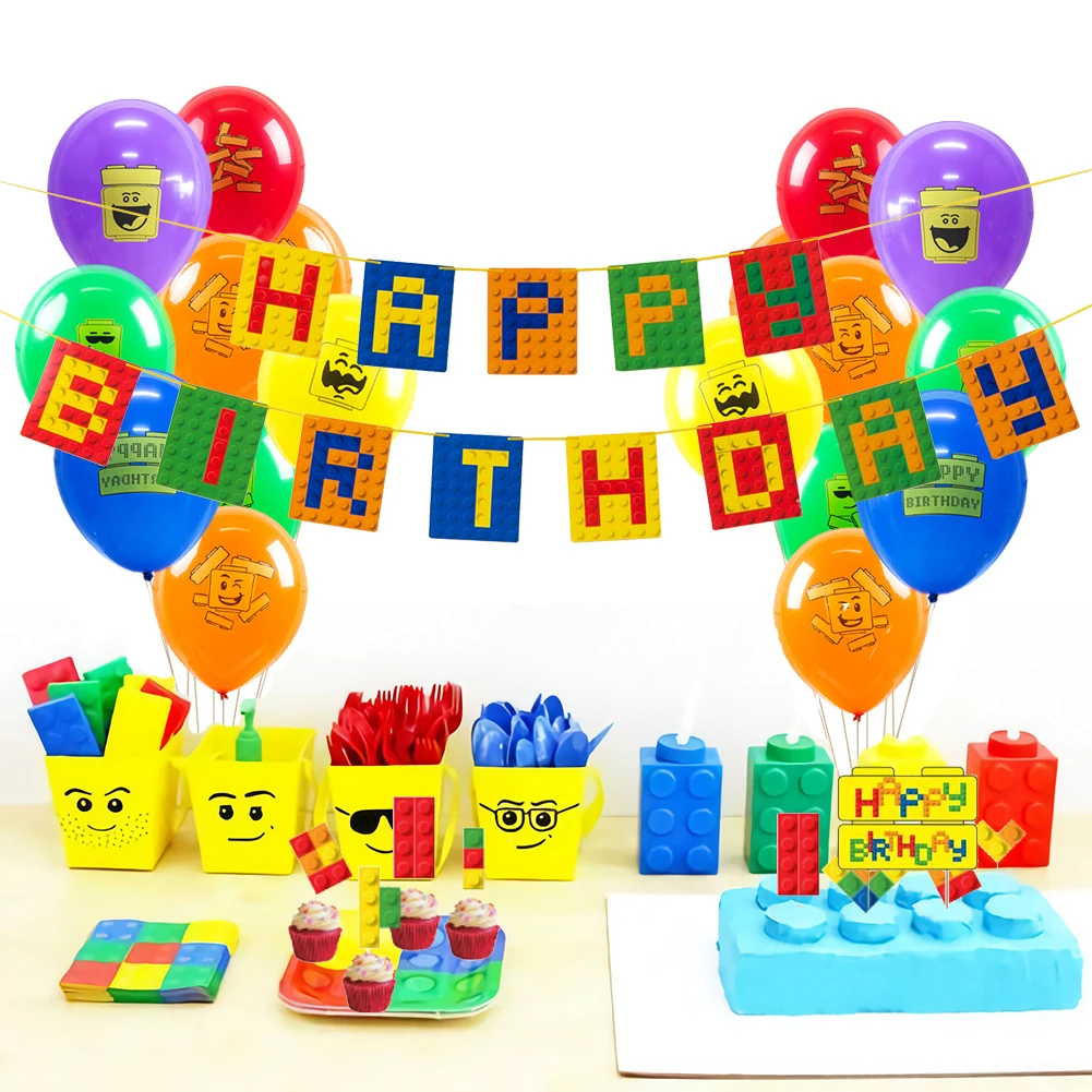 Brick Theme Party Set Colorful Latex Balloons Happy Birthday Banner ...