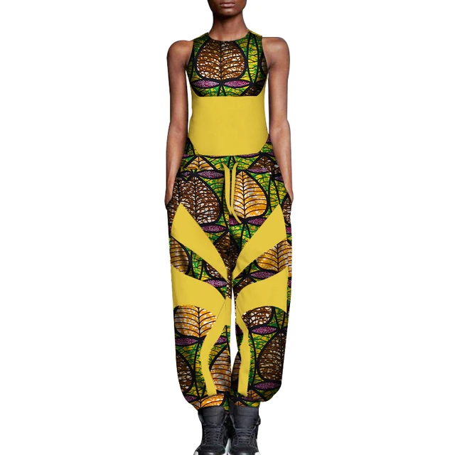 African Print Women Jumpsuit O Neck Sleeveless Splice Summer Wide Leg