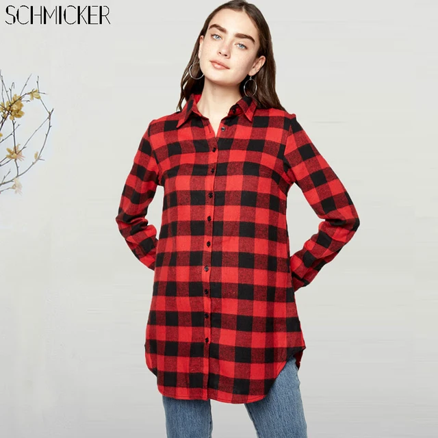 SCHMICKER Female Spring Autumn Long Sleeve Cotton Checkered Plaid Shirt ...