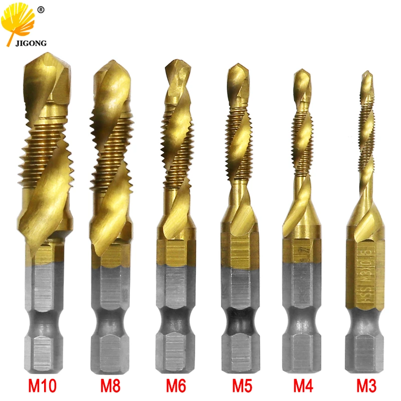 6pcs M3-m10 Hex Shank Titanium Plated Hss Screw Thread Metric Tap Drill ...