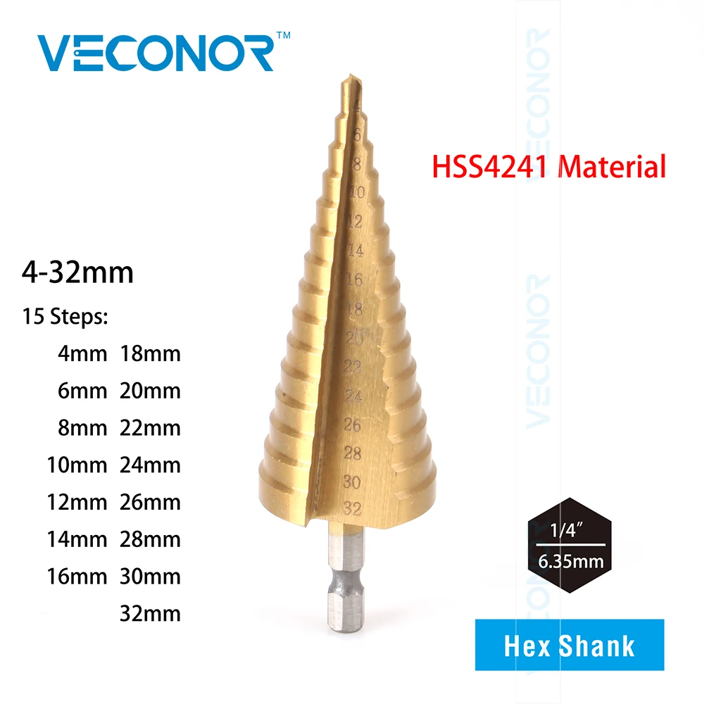 Veconor 4 32mm Impact HSS Step Cone Drill Bit Titanium Nitride Coated ...