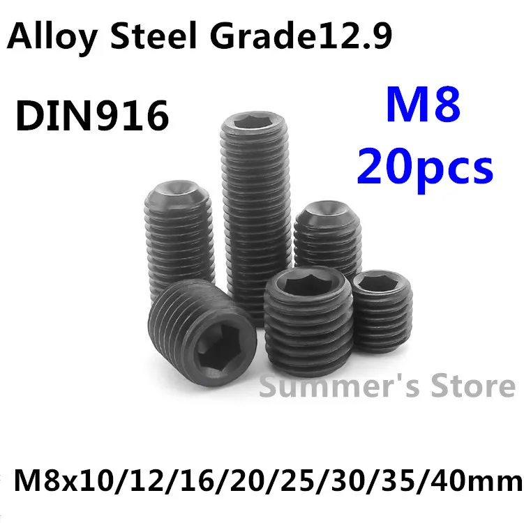 Tornillos de tubo hexagonal DIN916 M8, tornillo negro Grub de grado 12,9, M8 x 10/12/16/20/25/30 ...