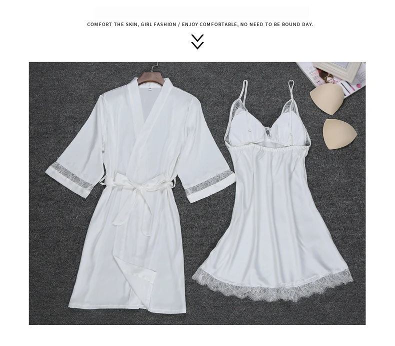 Ladies Sexy Silk Satin Robe Gown Set Lace Bathrobe Set 2 Pieces Solid