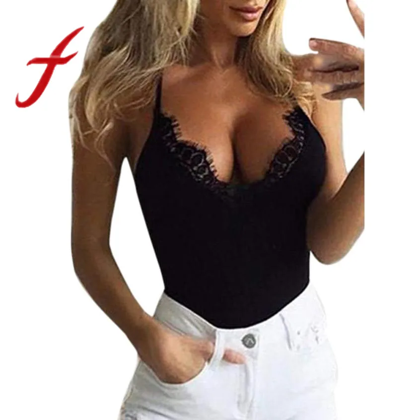 Feitong Women Sexy Cropped Tank Tops Summer Sleeveless Lace Deep V Neck