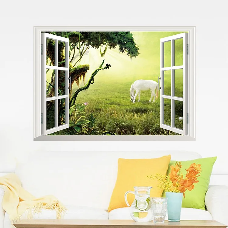 68*48cm 3D Window Tree Grassland White Horse Scenery Art Wall Sticker ...