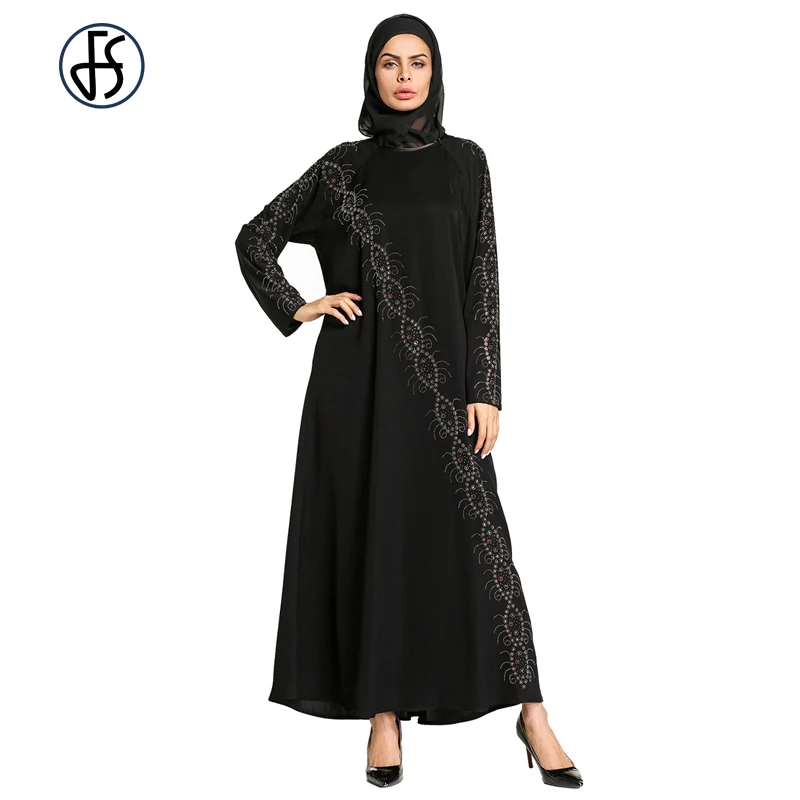 Women Black Muslim Abaya Dresses Clothing Lace Rhinestone Long Robe ...