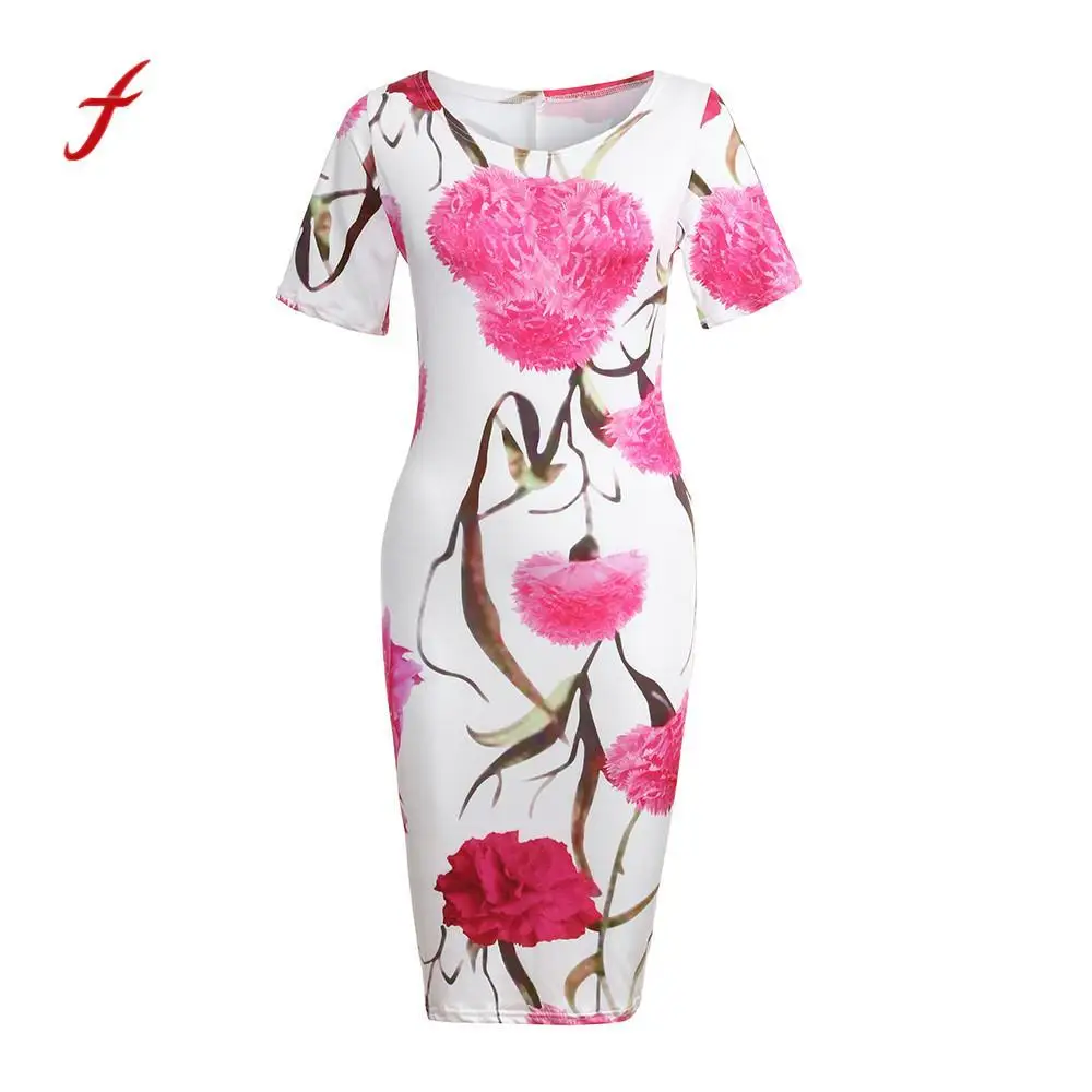 2018 Women Clothing Feitong Women Short Sleeve Flowers Printed Bodycon