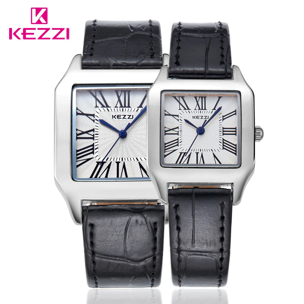 Fashion Brand Couples Watches Square Roman Dial Leather Strap Women Men ...