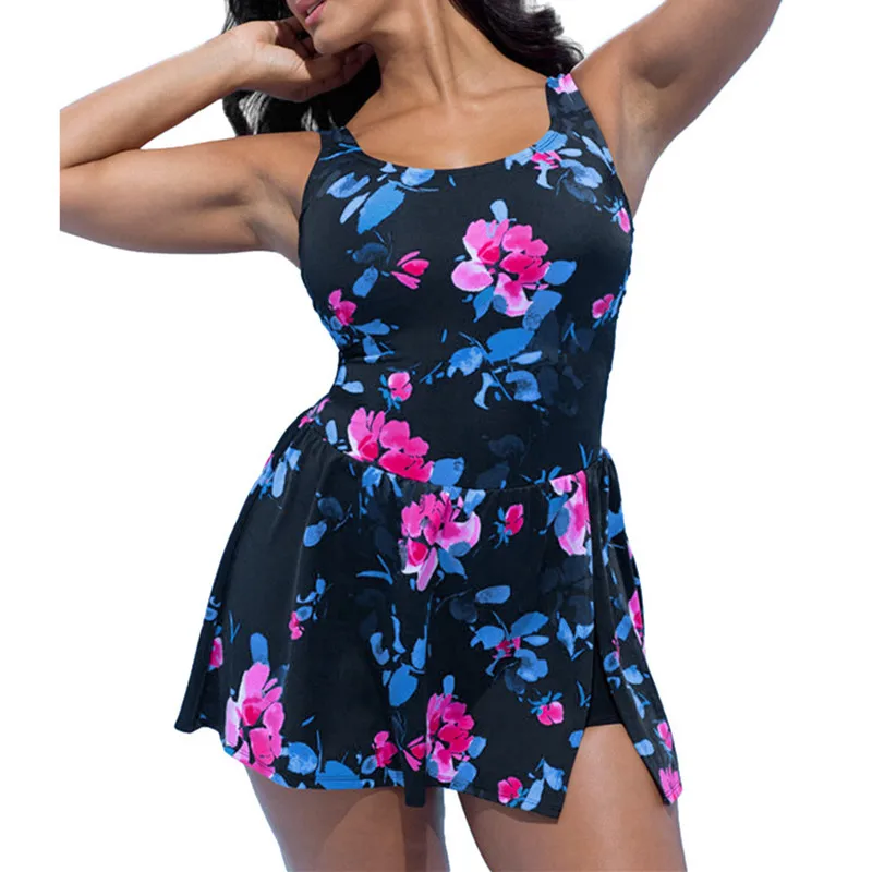 Echoine Large Sizes Women One Piece Swimsuit Dress Floral Print Padded
