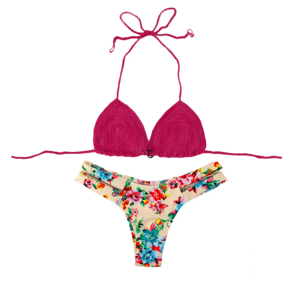 Caqi Sexy Women Bikinis Set Floral Printed Swimwear Bandage Push Up Female Knitting Summer