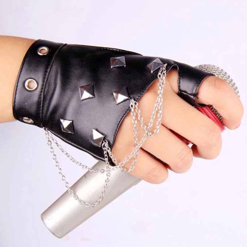 Unisex Punk Party Fingerless Leather Glove Women Rivet Personality ...