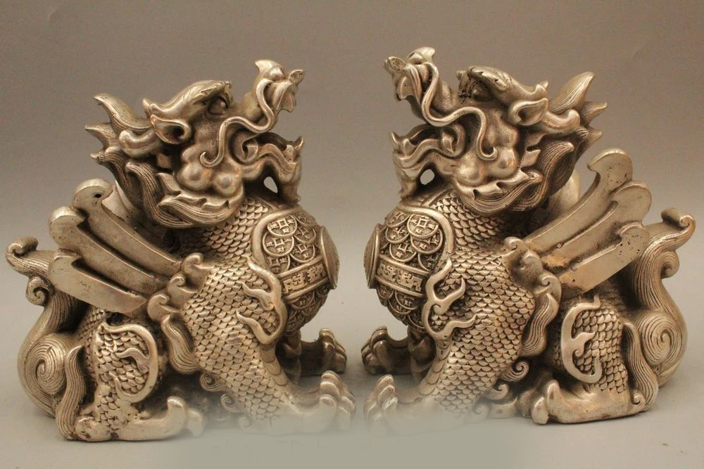 DS 7"Chinese Feng Shuil Silver Wealth Spirit Fly Dragon Kylin Qilin Chi ...