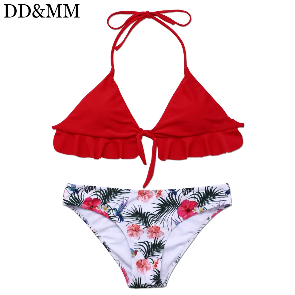Ddandmm 2017 Sexy Bikini Print Floral Thong Triangle Top Women Swimsuit