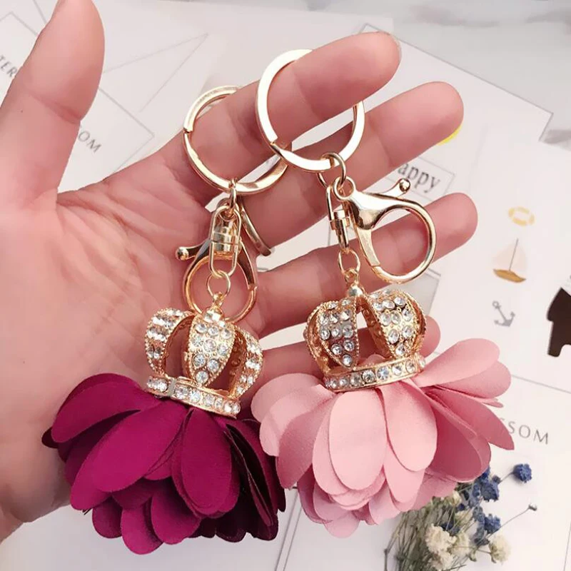 Crystal Rhinestone Crown Flower Keychain Bag Car Charm Pendant Keys ...
