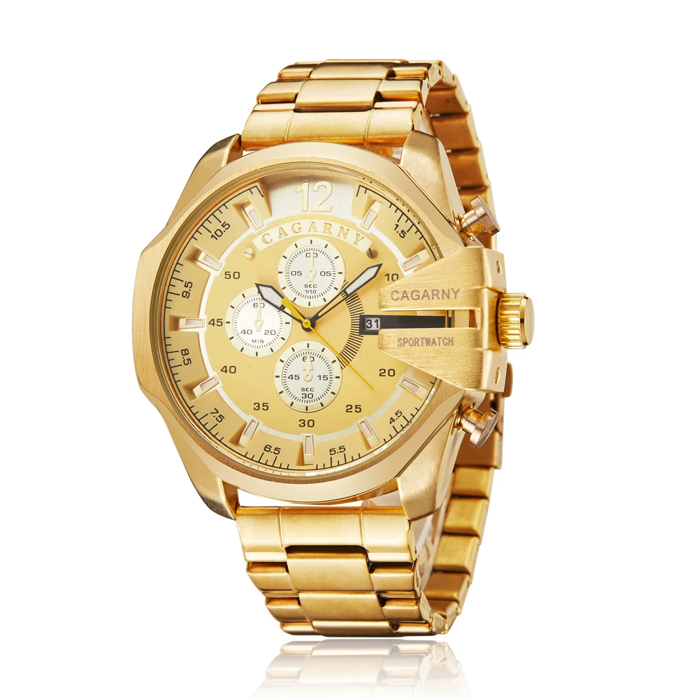 2.1" Cool Big Case Watch For Men Luxury Brand Cagarny Gold Stainless ...
