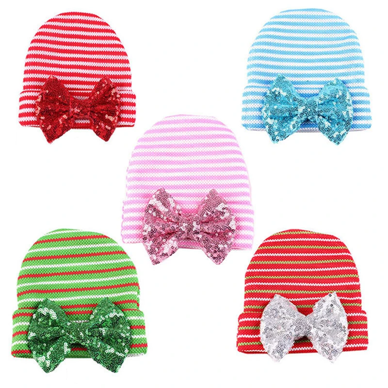 Newborn Baby Girl Hat Sequined Bowknot Bebe Infant Striped Bonnet Bling ...