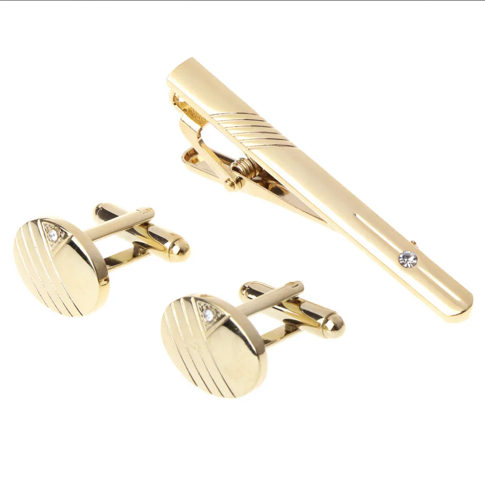 1set Men Tie Clips Cufflinks Set Gold Rhinestone Fashion Business