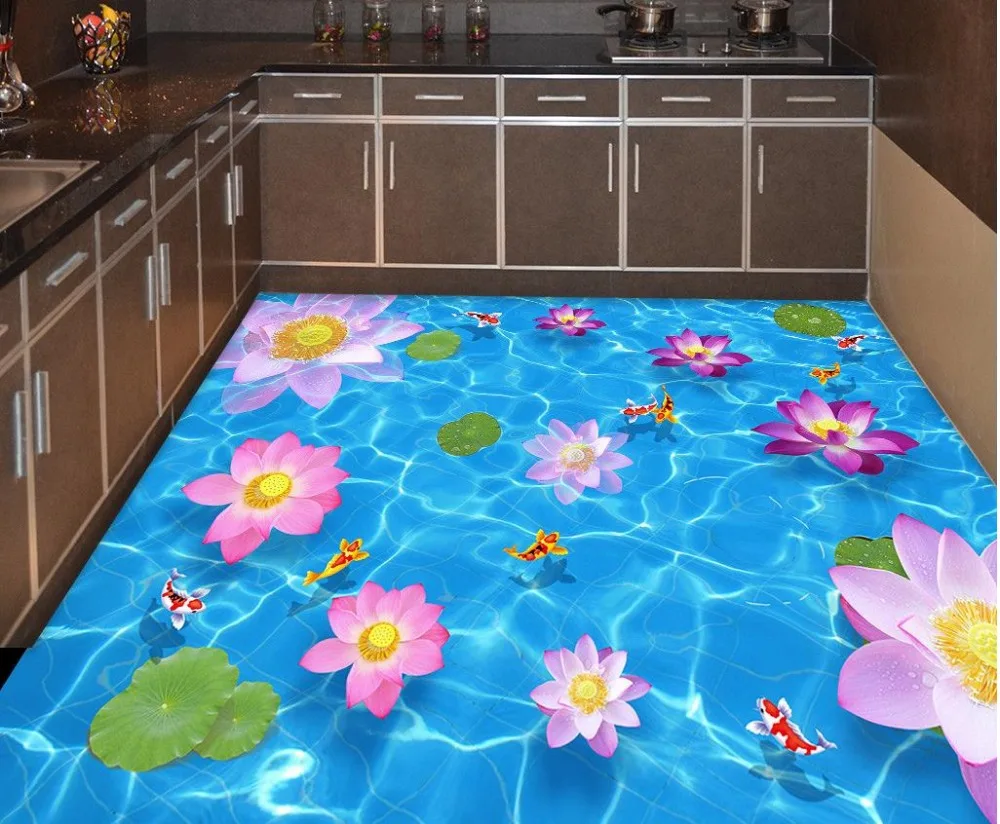 3d Floor Painting Wallpaper Pool Lotus Fish Bathroom Kitchen 3d Floor ...
